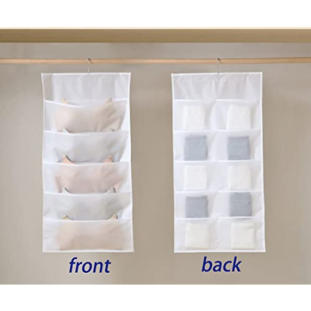Anller Hanging Shelves, Dual Sided Wall Shelf Wardrobe Storage Bags, Closet Hanging Pockets with Rotating Metal Hanger, for Bra Socks Underwear Underpants, 2 Pack