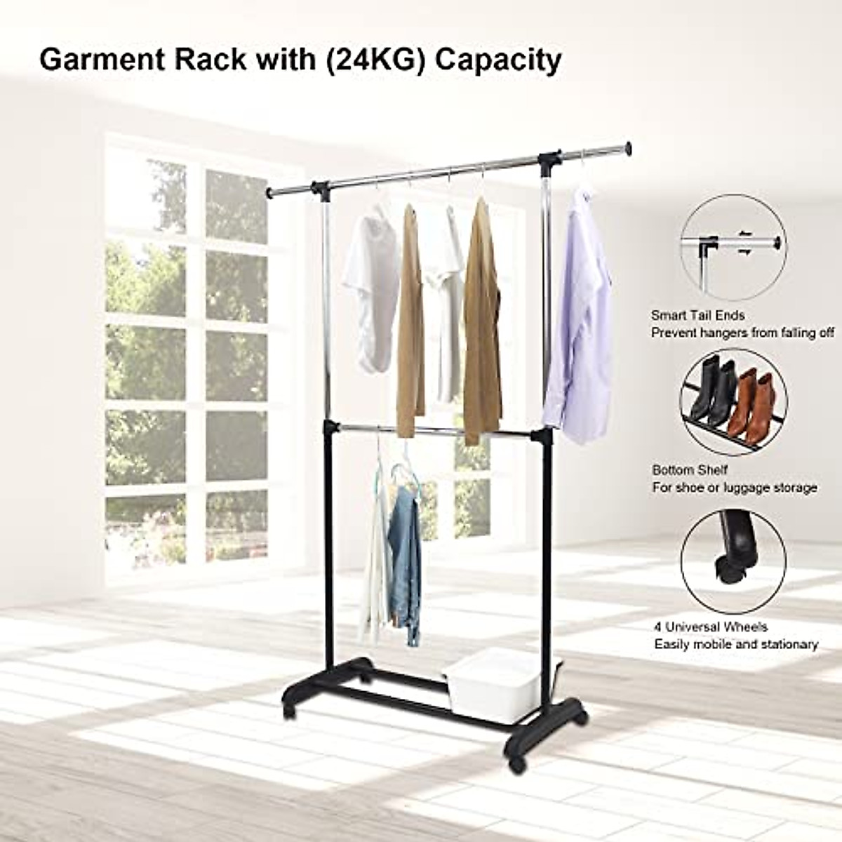 RYGOAL Double Rod Garment Racks for Hanging Clothes, Rolling Clothes Organizer Extendable Portable Clothing Hanging Garment Rack for Adult Coat, Closet, Wardrobe