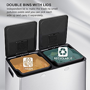 SUPER DEAL Kitchen Trash Can 16 Gallon 60L Dual Stainless Steel Garbage and Recycling Can with Foot Pedal for Kitchen, Living Room, Office, Removable Inner Buckets Soft Close Lid Odor Proof, Silver