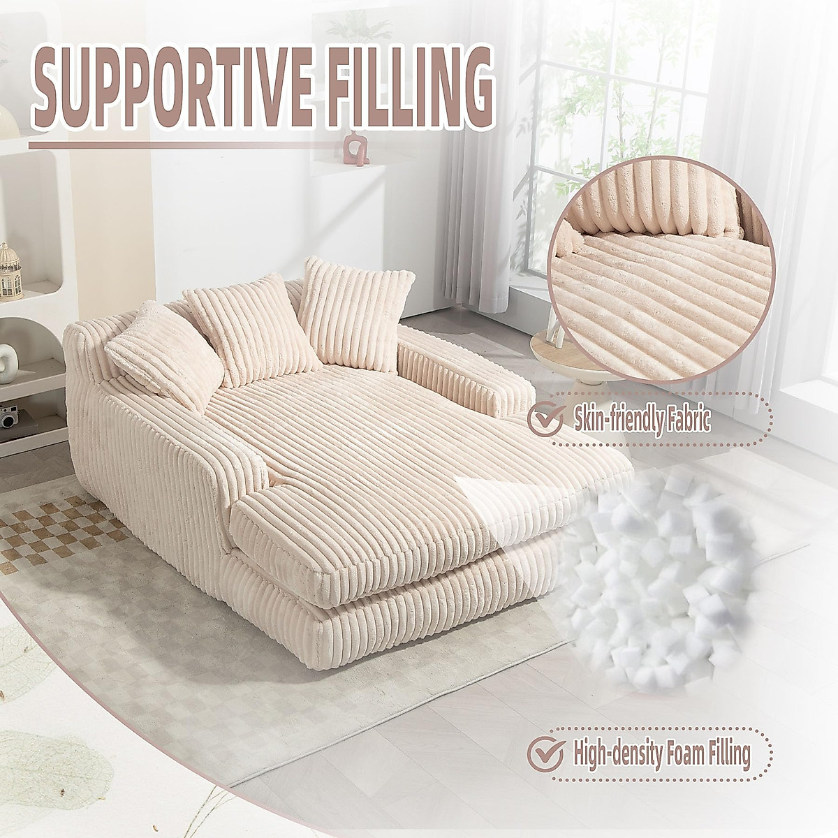 Anwick Oversized Chaise Lounge Chair Indoor, Corduroy Sleeper Loveseat Sofa with 3 Pillows and Armrest for Living Room Office, Double Cushion, No Assembly (Beige)