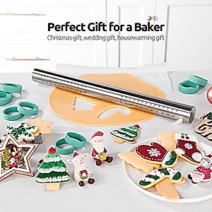 U-Taste 18/8 Stainless Steel 16 inch Adjustable Rolling Pin with Silicone Removable Thickness Rings, Nonstick Kitchen Roller Pin for Baking Cookies Pastry Pizza Pasta Dough Fondant (Teal/Aqua Sky)