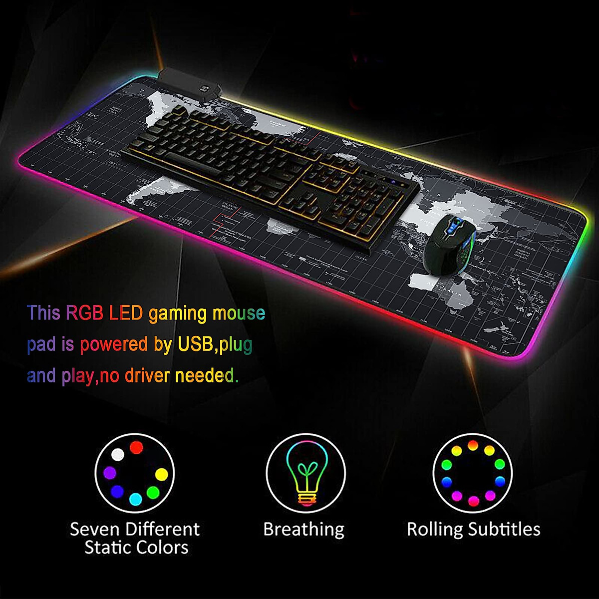 Roxooze Gaming Mouse Pad,Extra Large RGB Mouse Pad with Non-slip Rubber Base，Extended XL Led Desk Mat Ultra Smooth Surface Waterproof for Computer Laptop Home PC Gamer 35.43 x 15.75inch(World Map)