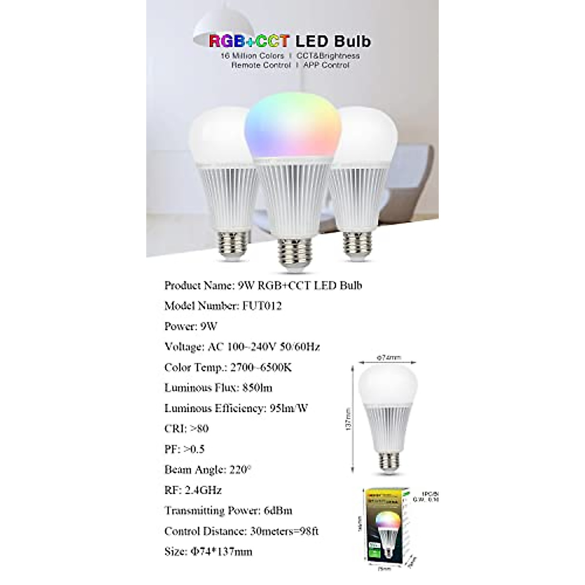 LGIDTECH FUT012 9W RGBWW Smart WiFi 2.4GHz LED Light Bulb RGB+CCT Color Changing & Temperature Adjustable with Memory.Remote and Gateway Hub for Smartphone APP Control All is Sold Separately