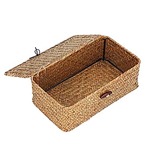 Shelf Baskets Seagrass Rectangular Storage Box Basket Decorative Wicker Baskets Multipurpose Container with Lid for Shelf Organize Storage(M )