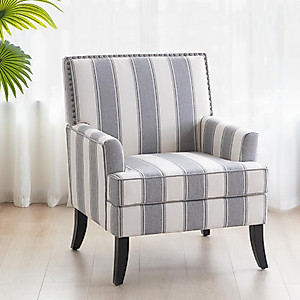 HUIMO Printed Accent Chair Upholstered Linen Fabric Living Room Chair with Rivet Comfy Armchair with Hold up to 300lb Capacity Reading Sofa Chair for Bedroom, Study (1, Wide Stripe Grey)