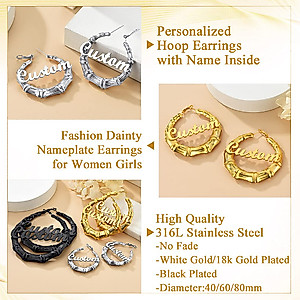 Custom4U Personalized Gold Hoop Earrings with Name Custom Bamboo Elegant Earrings Memory Jewelry Gifts for Women