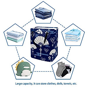 Japanese Fans and Florals Print Collapsible Laundry Hamper, 60L Waterproof Laundry Baskets Washing Bin Clothes Toys Storage for Dorm Bathroom Bedroom