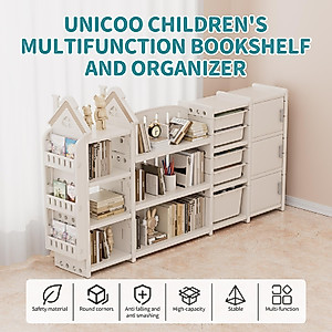 UNICOO Kids Toy Storage Organizer with Removable Bins, 4-Tier Bookshelf and Cabinet - Pull-Out Drawers Shelf for Toddlers - Space-Saving Solution for Nursery, Playroom, Study Room (White)
