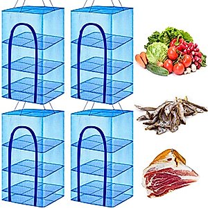 Cunno 4 Pcs Herb Drying Rack 4 Layer Hanging Drying Net Folding Fish Mesh with Zippers Non Toxic Nylon Netting for Fish Vegetables Meat Herb Fruit Plants Net Dry Cage, Blue, 13.8 x 13.8 x 25.6 Inch