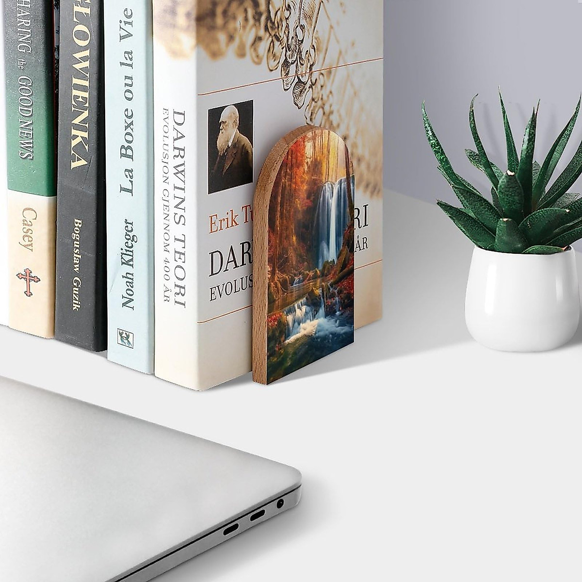 Autumn Waterfall Tree Book Ends Decorative Wood Bookends for Shelves Kids Room Desk Home Office Book Stoppers for Magazines,Books, DVDs, 1 Pair/2 Pieces(5x3.1 in)