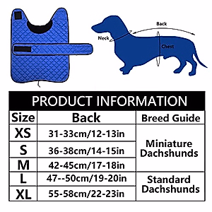 Warm Thermal Quilted Dachshund Coat, Dog Winter Coat with Warm Fleece Lining, Outdoor Dog Apparel with Adjustable Bands for Medium, Large Dog-Blue-XS
