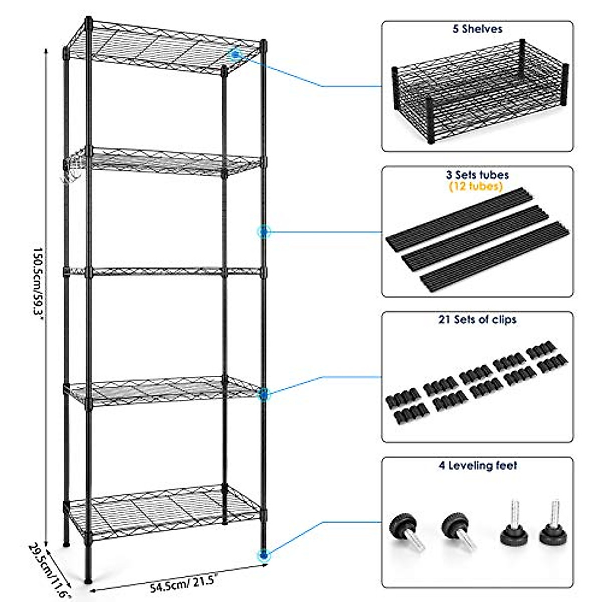 AMZOOM 5-Tier Steel Wire Shelving Unit, Adjustable Metal Shelves, Stainless Steel Storage Rack with Hooks and Leveling Feet, Suitable for Living Room Bathroom Garage Kitchen Pantry (Black)