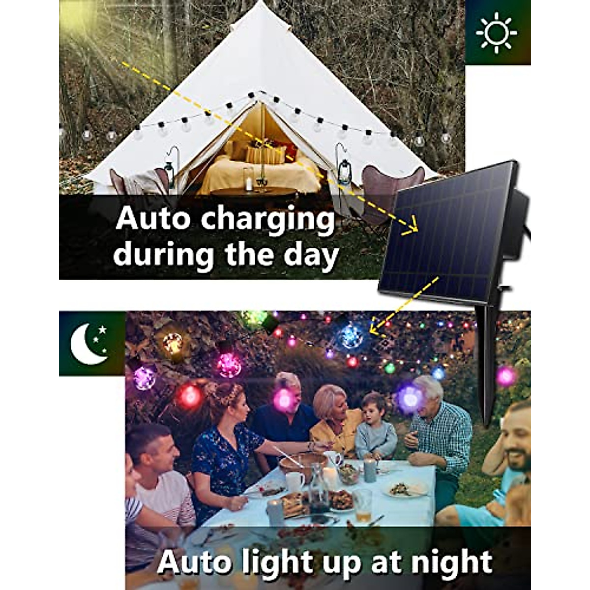 Solar String Lights Outdoor Waterproof RGB, 50Ft App& Remote Control Solar Powered Patio Lights with 25 LED, Dimmable Music Hanging Lights for Balcony Deck Gazebo Pergola Camping Decor