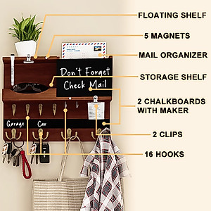 HEKOOLA Farmhouse Key and Mail Holder for Wall Decorative, Rustic Mail and Key Organizer for Wall with Different Hooks, Chalkboard, Key Holder Wall Mount with Shelf, Basket, Clips(Pine Wood, Brown)