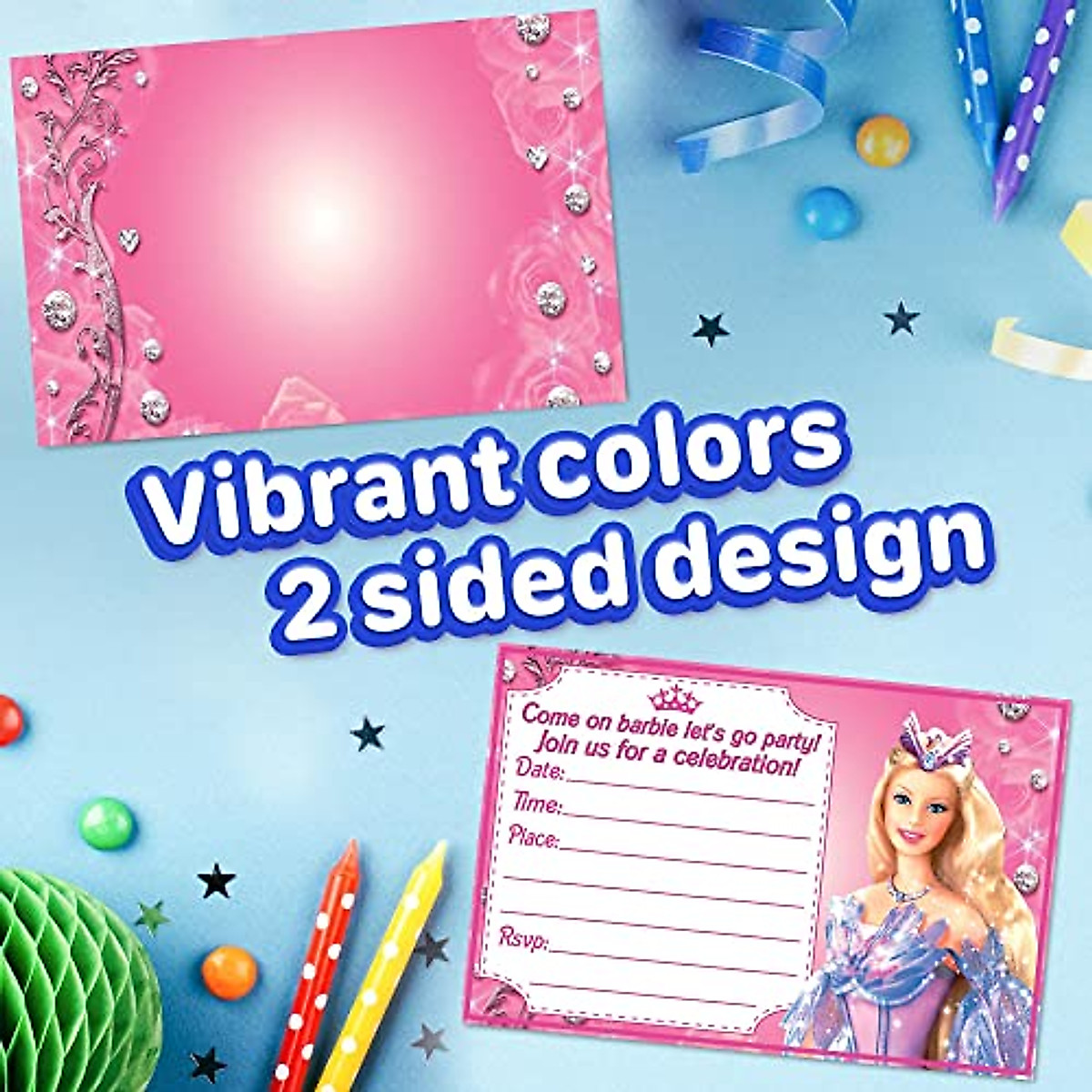 HAPPY CHOICES Barbie Invitation Cards and Envelopes – 20 Fill-in Invites for Kids Birthday Bash and Theme Party, 10X15 cm, Postcard Style…