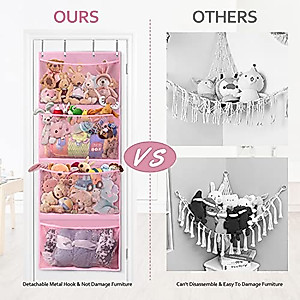 Stuffed Animal Storage,Over The Door Organizer Storage for Storage Plush Toys,Baby Supplies and Other Soft Sundries,Breathable Hanging Large Capacity Toy Storage Pockets for Kids Room Bathroom (Pink)