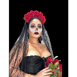 June Bloomy Day of the Dead Headpiece Rose Floral Crown Veil Halloween Costume Mexican Headband (Burgundy)