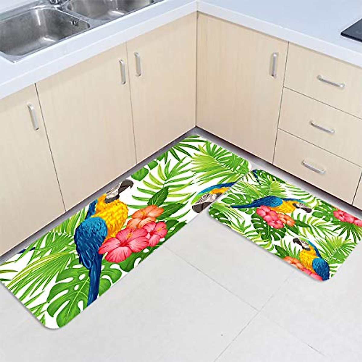 Tropical Plants Kitchen Mats for Floor Cushioned Anti Fatigue 2 Piece Set Kitchen Runner Rugs Non Skid Washable Exotic Monstera Themed Banana Leaves Parrot Jungle 15.7x23.6+15.7x47.2