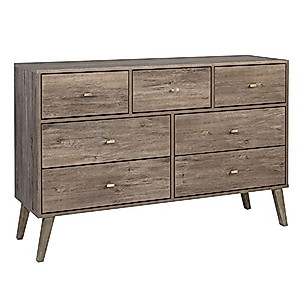 Allora Mid Century Modern Wide 7 Drawer Dresser Bedroom Dresser with 3 Small Drawers and 4 Large Drawers in Drifted Gray