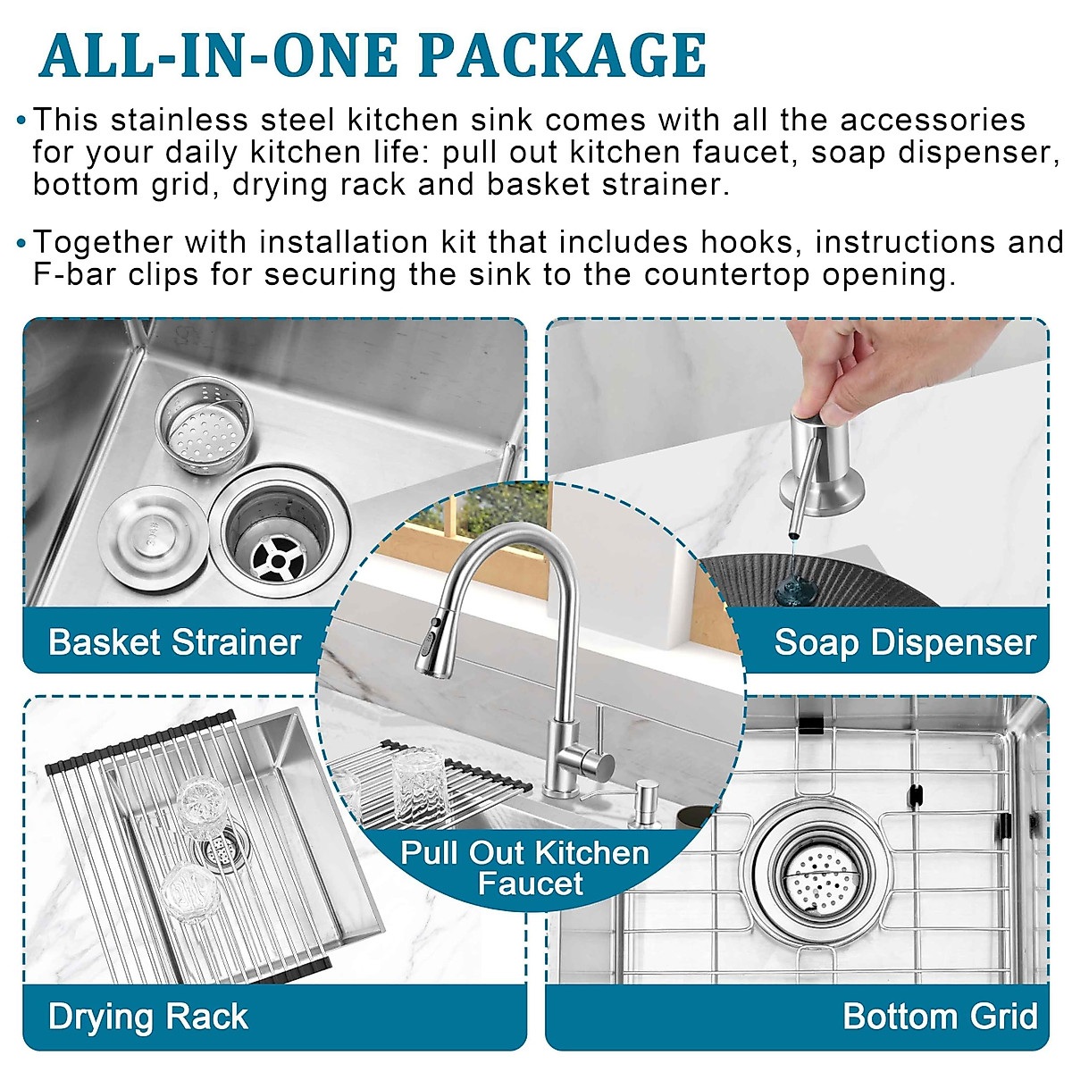 Herogo 15×17 Inch Undermount Kitchen Sink with Faucet Combo, Stainless Steel Utility Rv Bar Sink, Small Outdoor Farmhouse Sink, Laundry Room Deep Single Bowl Sink with Brushed Nickel Kitchen Faucet