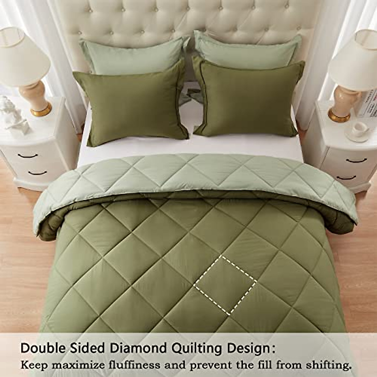 NexHome Queen Comforter Set - Olive Green Comforter Queen Size Bedding Set - Soft Reversible Down Alternative Full Size Comforter Bed Set 3 Pieces 1 Comforter (88"x88") + 2 Pillow Shams (20"x26")