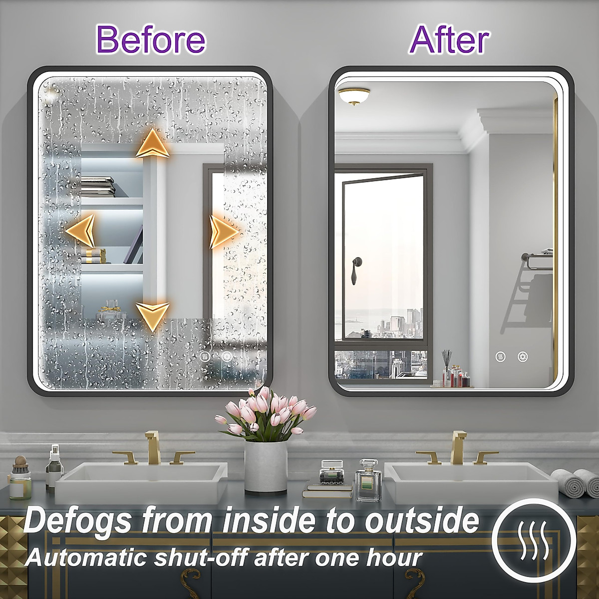 JSneijder 24x32 Inch Black LED Bathroom Mirror, Black Framed Vanity Mirror with Lights, Anti-Fog Bathroom Mirror, Wall Mounted Dimmable Lighted Bathroom Mirror(Horizontal/Vertical)