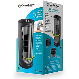 Comfort Zone CZ112 12” 2-Speed Oscillating Tower Fan with High Performance Centrifugal Blades, Convenient Built-in Carry Handle, and Space Saving Design, Black