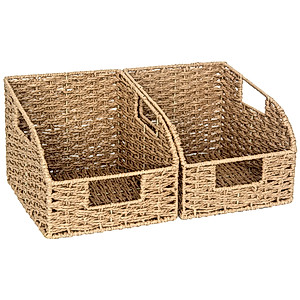 StorageWorks Storage Baskets for Organizing, Wicker Baskets with Built-in Handles, Handwoven Round Paper Rope Wicker Storage Baskets, Wicker Baskets for Shelves Storage, Orange, 2 Pack