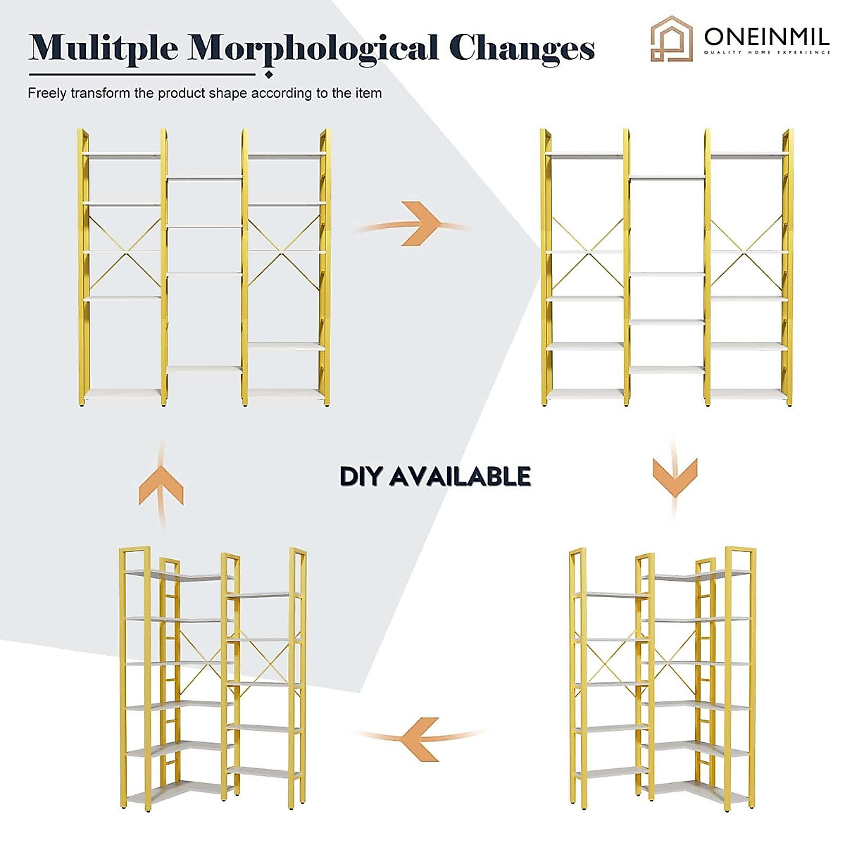 oneinmil Triple Wide 6-Shelf Bookcase Industrial Vintage Wood Style Large Open Bookshelves for Home&Office, Rustic Brown (6 Tier, White/Gold)