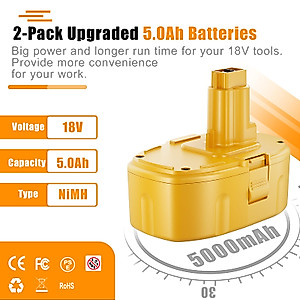 Bonacell 5.0Ah Replacement for Dewalt 18V Battery Compatible with Dewalt 18V 18 Volt Battery Replacement DC9096 DC9098 DC9099 DW9095 XRP Ni-Mh 2Pack