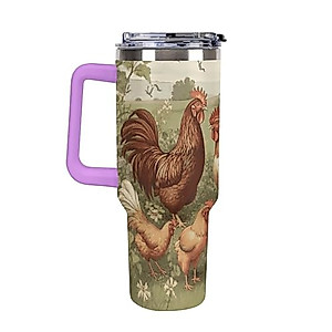 LLUTSNTH 40 Oz Vacuum Tumbler with Violet Handle Leakproof Insulated Tumbler Chickens And Farm Stainless Steel Travel Mug with Lid And Straw Coffee Cup Cute Water Bottles Cup Holder Friendly