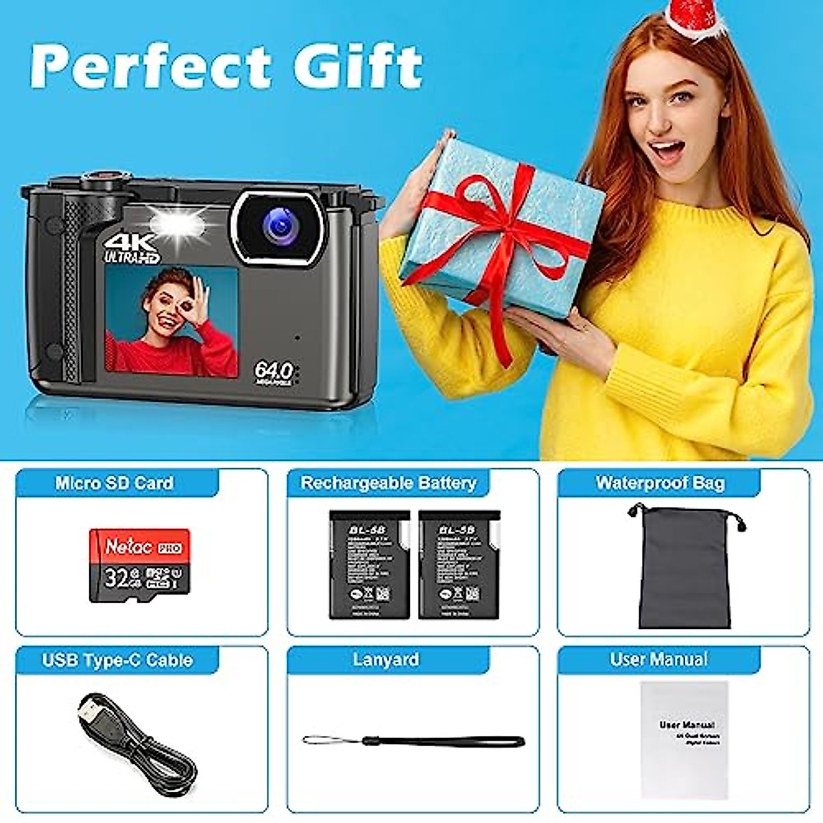 4K Digital Camera,Vmotal UHD 64MP Photo 4K/60FPS Video,Dual Screens/16x Zoom/Time-Lapse/Slow-Motion/with WiFi/Autofocus Vlogging Camera Beginner