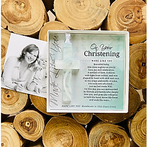 On Your Christening, Beautiful Baby Aqua/Clear Handmade Glass Cross Keepsake Gift