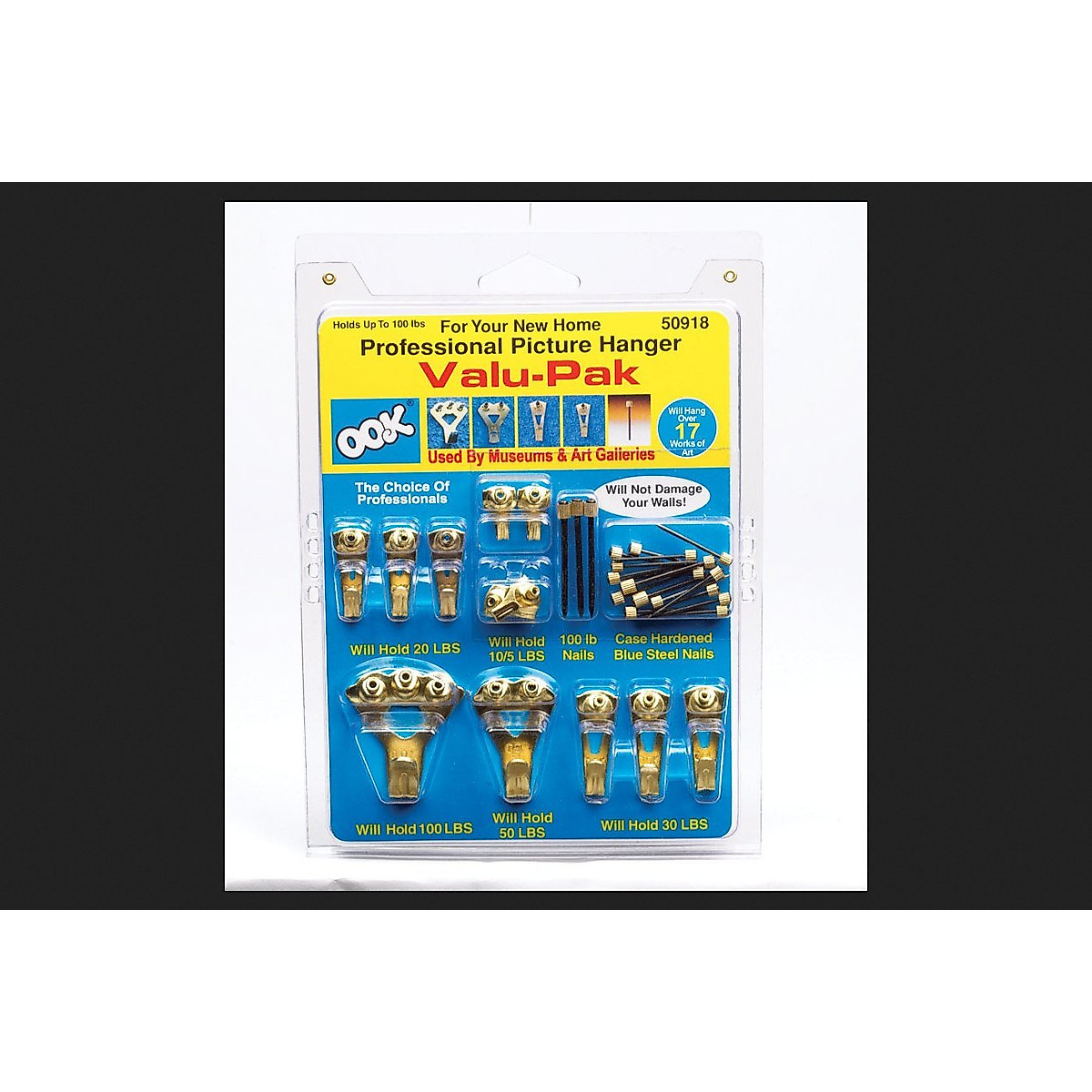 OOK 50918 Professional Picture Hangers, Art Hangers, Padded, Brass, Reusable Picture Hooks, 5-100lb (Value Pack)