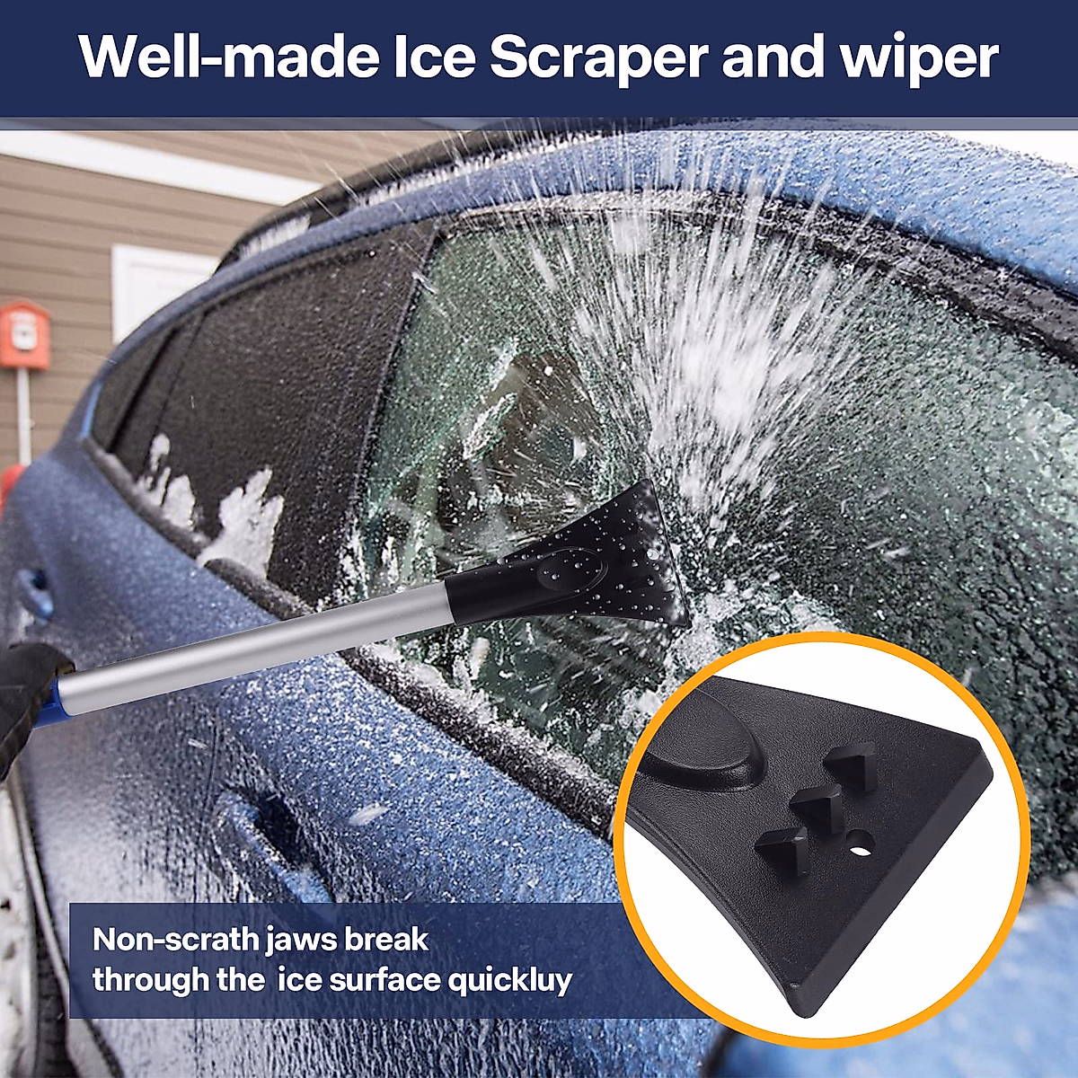 Ice Scraper and Snow Brush, 7 in 1 Detachable Snow Brush for Car Windshield, 23.5" to 40" Extendable Snow Shovel with Squeegee, gloves, 360°Pivoting Snow Scraper for Car Auto SUV Truck (Blue)