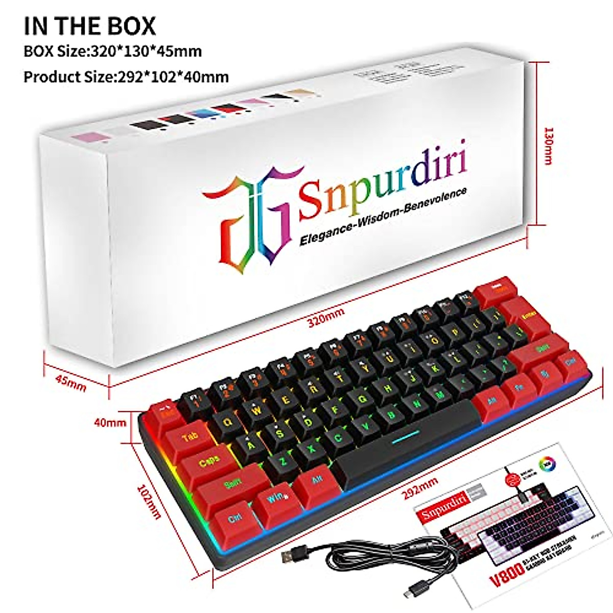 Snpurdiri 60% Wired Gaming Keyboard, True RGB Mini Quiet Ergonomic Water-Resistant Small Keyboard for Work, Gaming,Office (Red-Black)