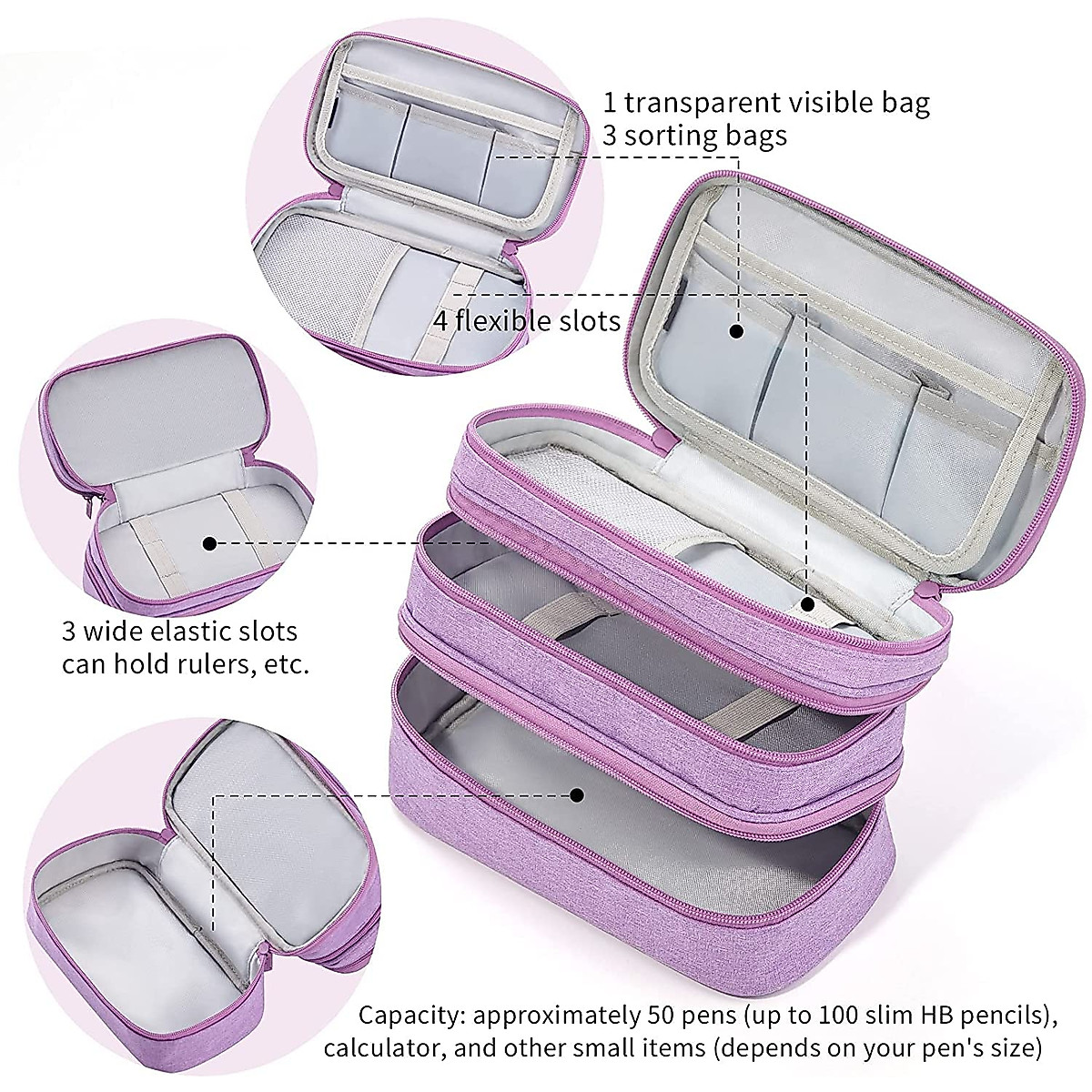 SAIVEN Large Capacity Pen Pencil Case Stationery Storage Large Handle Pen Pouch Bag 3 Layers Pen Pencil Organizer Bag with Double Zipper, Cosmetic Bag for Men Women Adults (Purple)