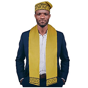 Gold and Black Embroidered African Hat and Sash/Scarf