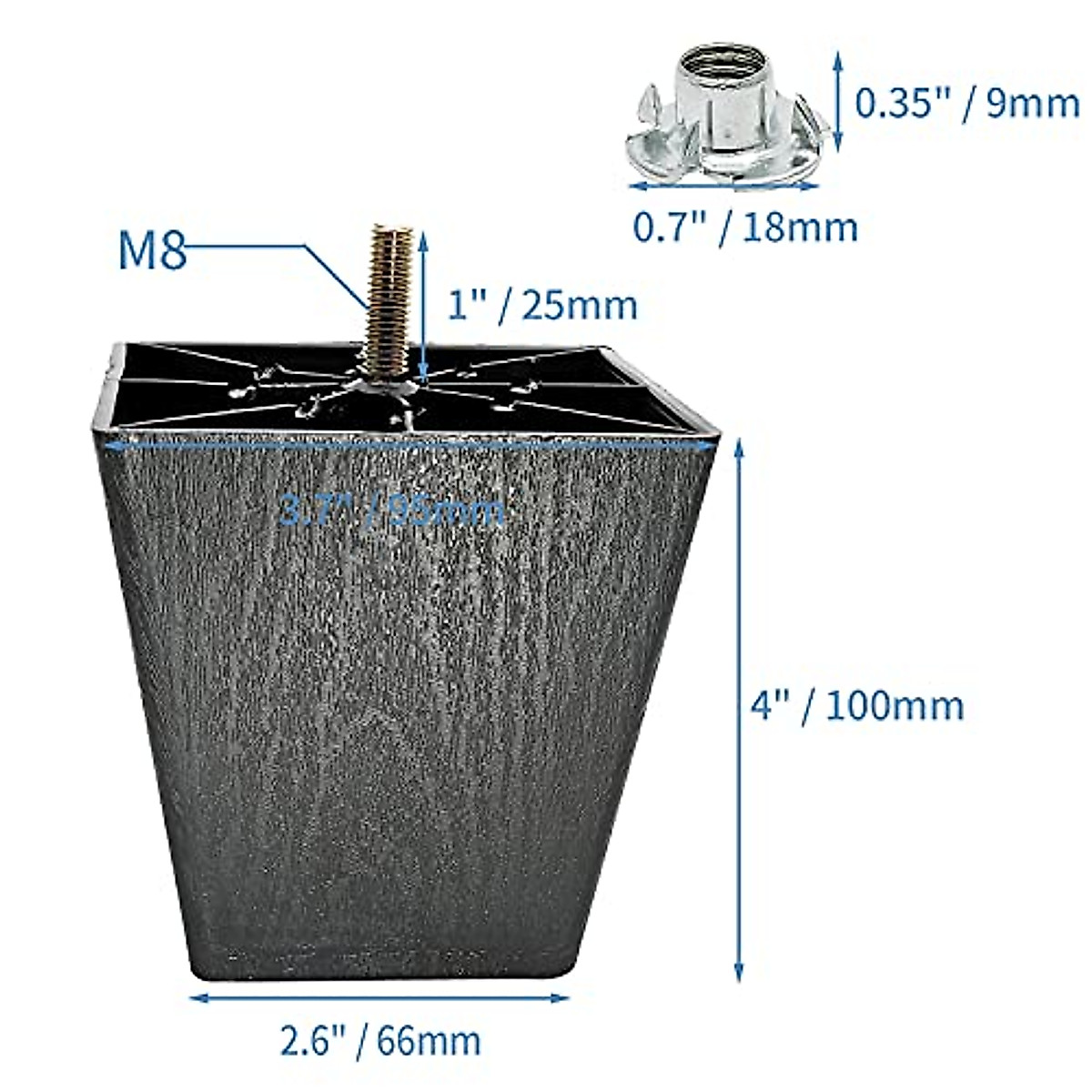 Murtenze 4Pack 4 inch Sofa Legs, Square Tapered Plastic Couch Legs Replacement Furniture Legs with M8 Hanger Bolts for Chair Sofa Dresser Cabinet Loveseats Ottoman Bed