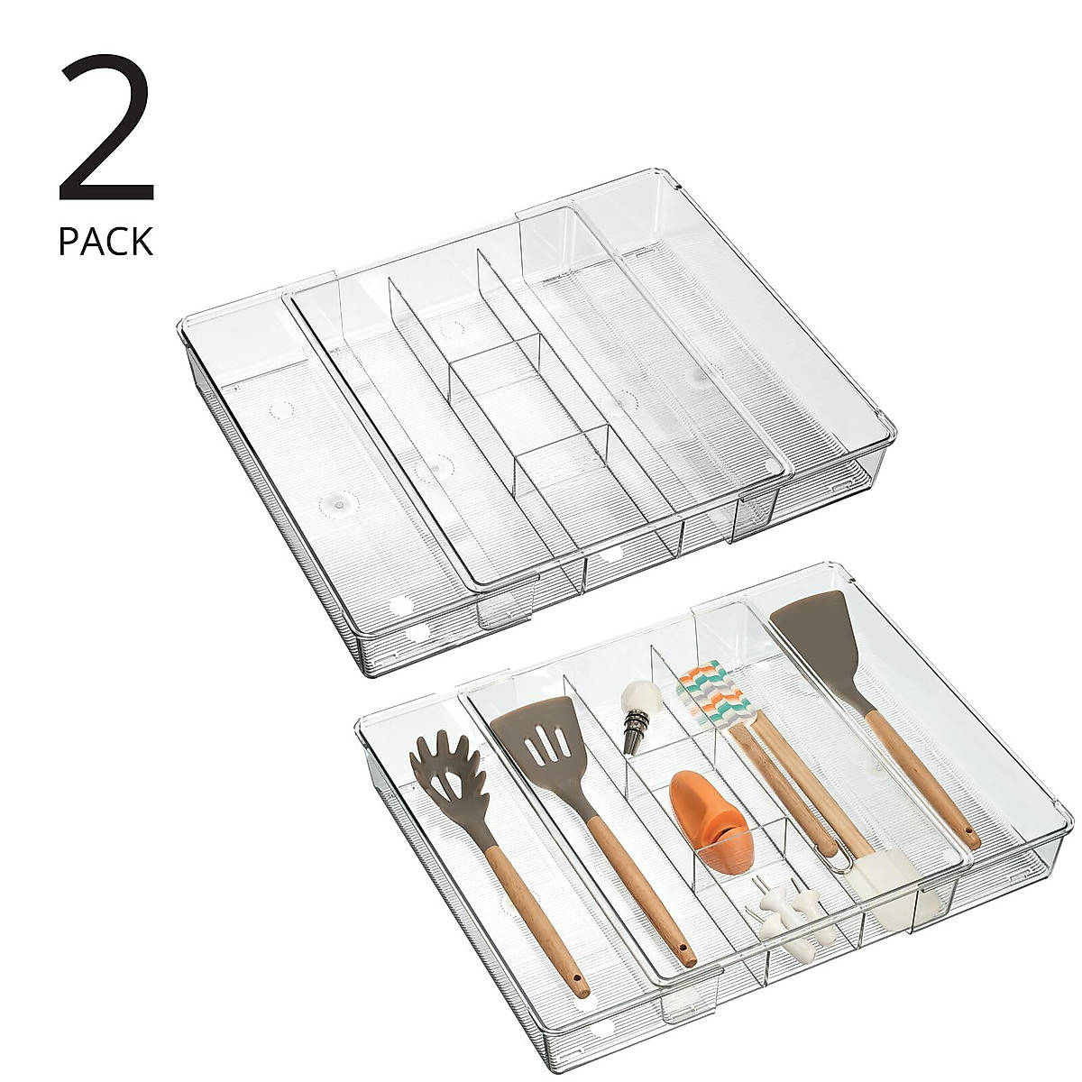mDesign Dual Expandable Plastic In-Drawer Utensil Organizer Tray Deep 5 Section Divided for Kitchen Organization; Holds Cutlery, Flatware, Silverware, Cooking Utensils, Ligne Collection, 2 Pack, Clear