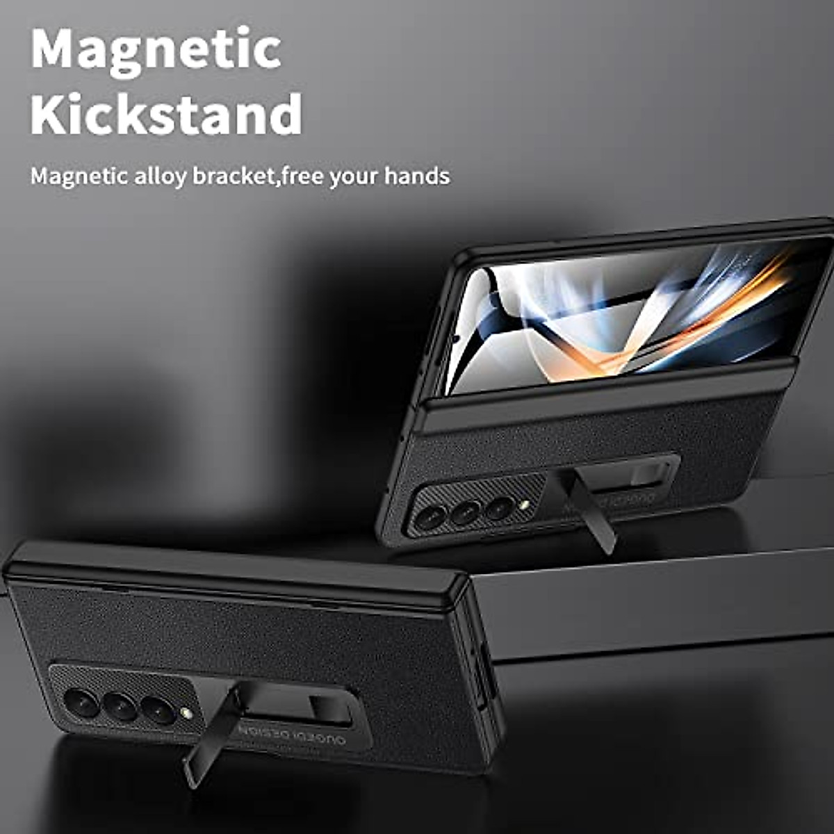 spoovcto for Samsung Galaxy Z-Fold-4 Case: Spring Hinge Protection & Kickstand Dual Layer Protective with Built-in Screen Protetctor Phone Case for Galaxy Z Fold 4 5G 2022 (Lychee Pattern-Black)