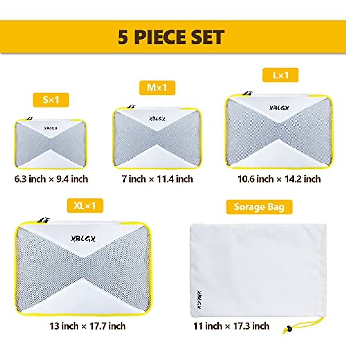 XBLGX Packing Cubes for Suitcases 5-Pcs Travel Luggage Packing Organizers Set with Laundry Bag & Shoe Bag（White/Yellow）