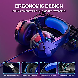 PHOINIKAS PS4 Gaming Headset with 7.1 Surround Sound, Xbox One Headset with Noise Canceling Mic & LED Light, H3 Over Ear Headphones, Compatible with Nintendo Switch, PC, PS4, Xbox One, Laptop (Blue)