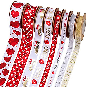 Valentine's Day Ribbons Heart Ribbons Craft Satin Overlocked Ribbons for Gift Wrapping Wedding Birthday Party Decorations DIY Supplies, 8 Rolls x 5 Yards, Total 40 Yards