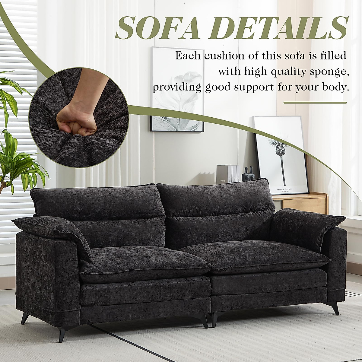 DRMBOOK 83.5" Comfy Couch Home Sofa Living Room Love Seat Couches, Morden Chenille Soft Upholstered Small Sofa Couch (Black)