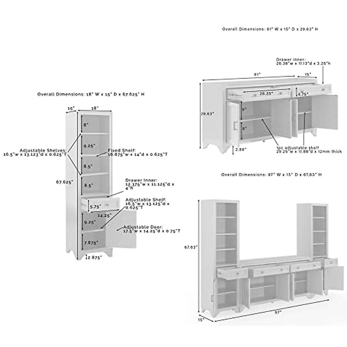 Crosley Furniture Tara 3-Piece Sideboard and Bookcase Set, Distressed Gray