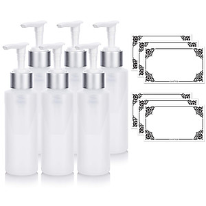 JUVITUS 4 oz Clear Natural Refillable Plastic Squeeze Bottle with Silver Lotion Pump (6 pack) + Labels