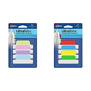 Avery 74769 Ultra Tabs, 2.5 x 1 Inch, 2-Side Writable, Pastel Blue/Pink/Purple/Green, 24 Repositionable Margin Tabs & Margin Ultra Tabs, 2.5" x 1", 2-Side Writable, Assorted Colors, 24 (74768)