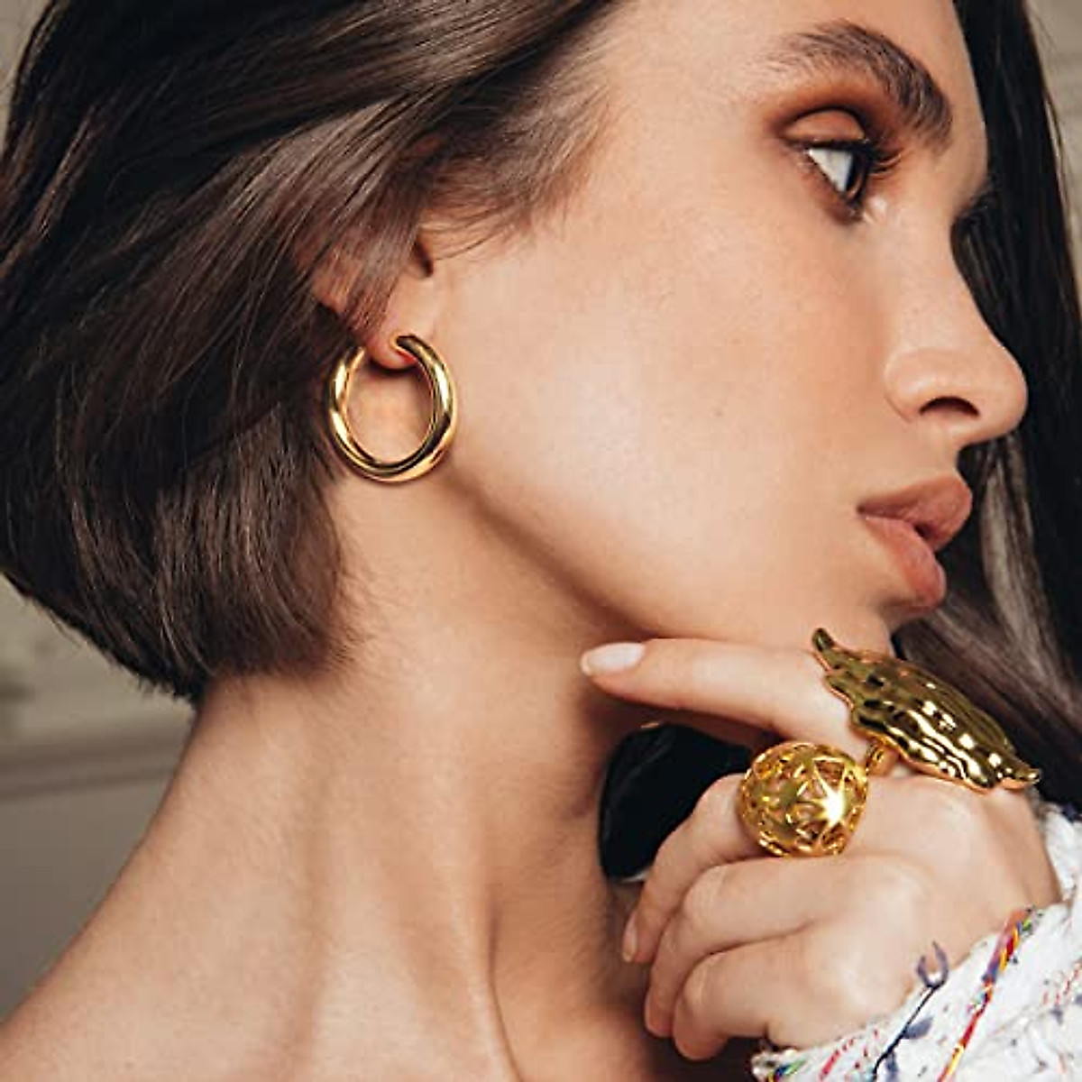 sovesi Chunky Hoop Earrings for Women with 925 Sterling Silver Post, 14K Gold Plated Thick Hoops, 30mm