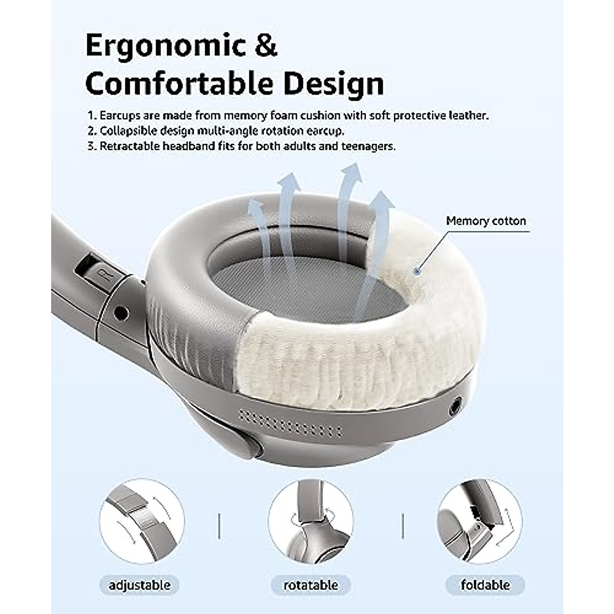 Picun Hybrid Active Noise Cancelling Headphones with Built-in Microphone, 100H Playing Time Hi-Res Audio & Deep Bass Bluetooth Wireless Over Ear Foldable Headphones for Travel, Home, Office, Gym